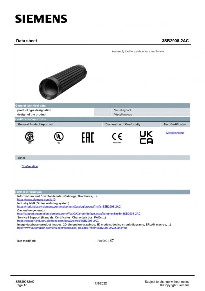 SIEMENS 3SB2908-2AC datasheet page