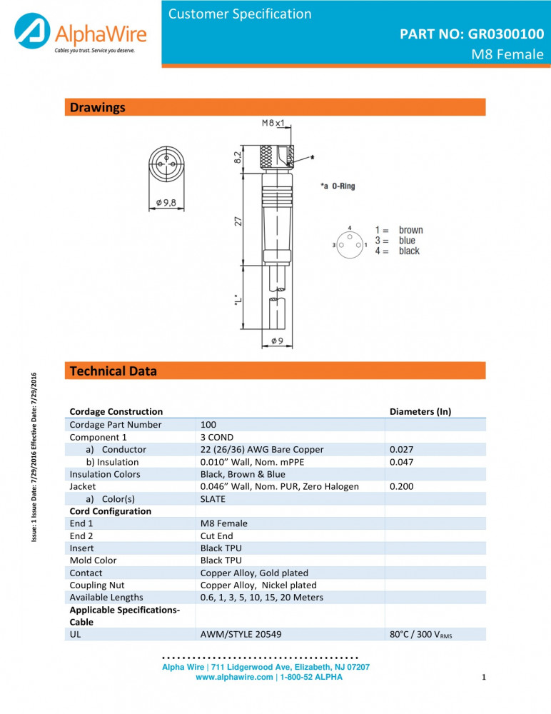 Alpha Wire GR0300100 SL400 technical drawing page 1
