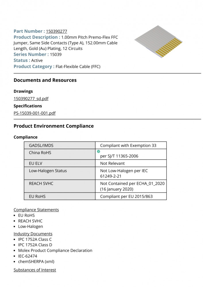 Molex FFC family specification page 1
