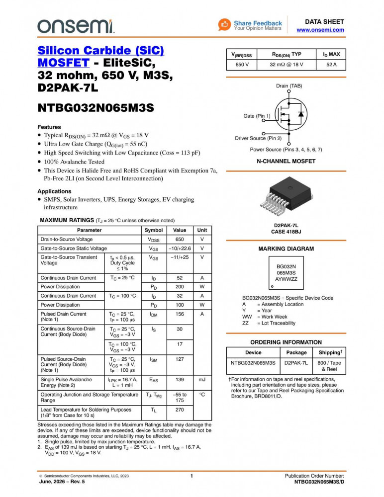 NTBG032N065M3S datasheet page 1