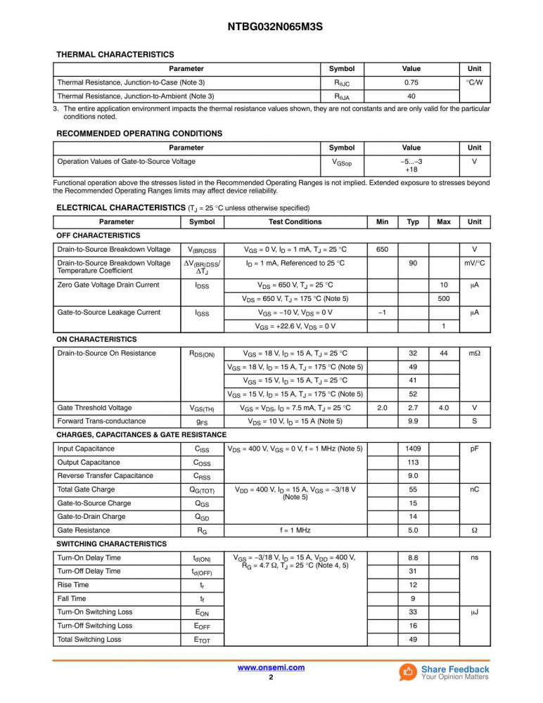 NTBG032N065M3S datasheet page 2