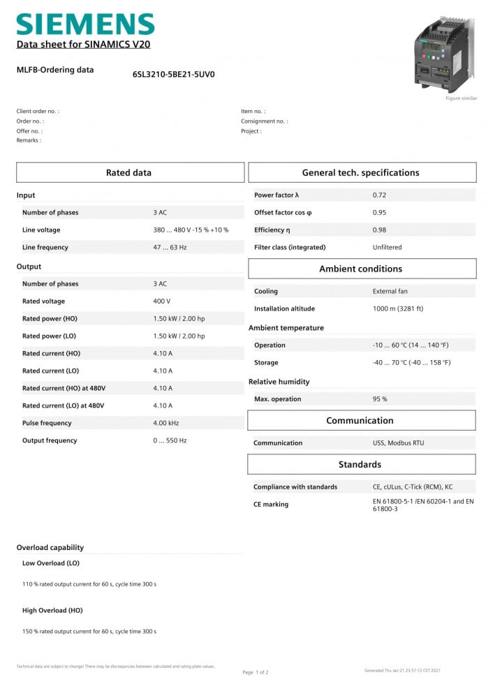 6SL32105BE215UV0 technical document page 1