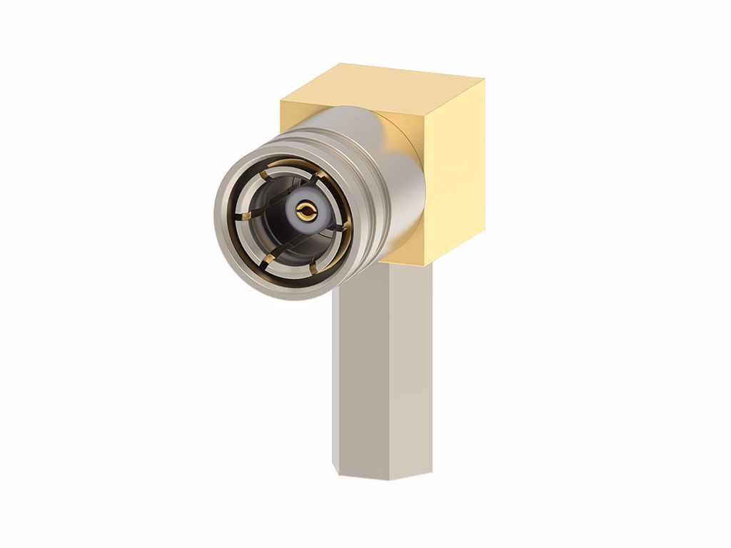 SMB Plug, Right-Angle, Crimp, LMR-100, RG-174, RG-188 and RG-316 Cable, Die Cast Body, Gold (Au) Plated, 50 Ohms