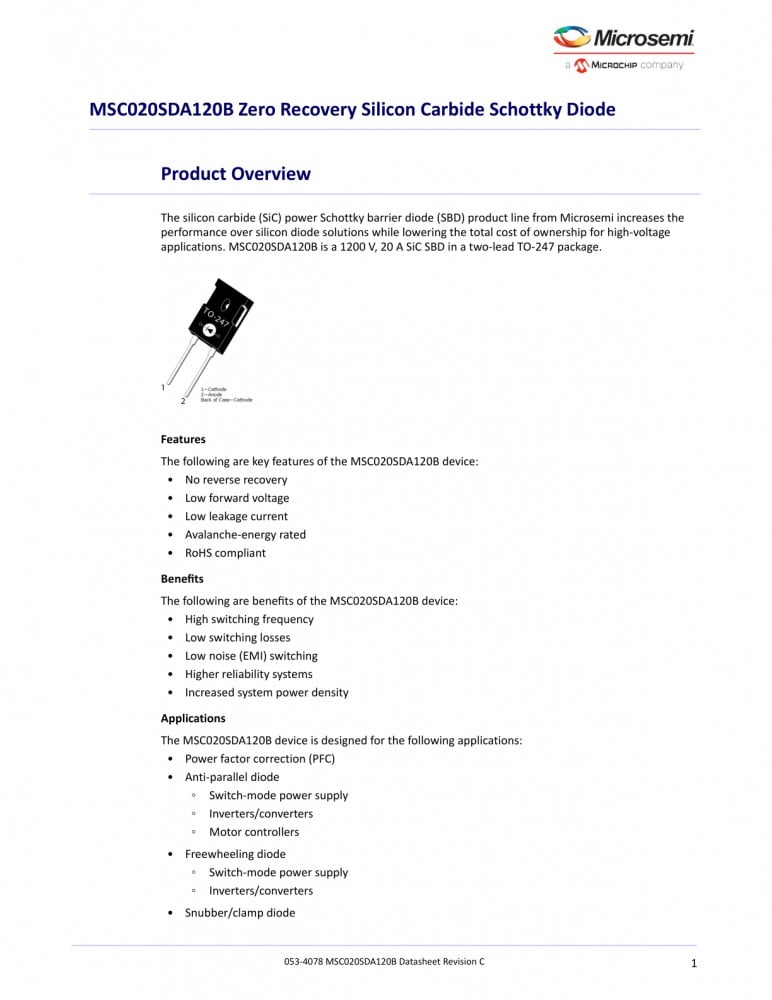 MSC020SDA120B datasheet page 1