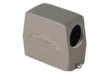 Heavy-Duty Harsh Environment (HE) Single Lever Bulkhead Mount Housing, Die-cast Aluminum, with 1 Lever, Right Angle, with Gasket, Size 3A«21x21», M20 Thread, Black
