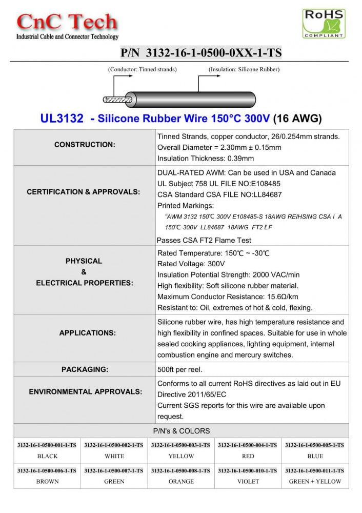 CNC Tech UL3132 silicone rubber wire technical document