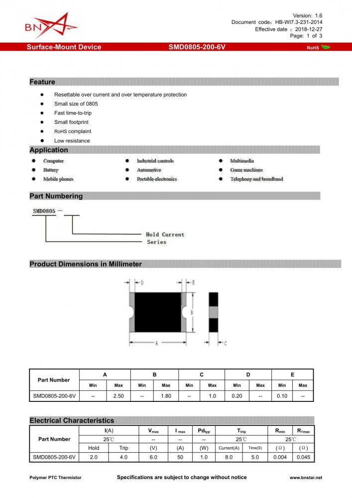 BNstar SMD0805-200-6V datasheet page 1