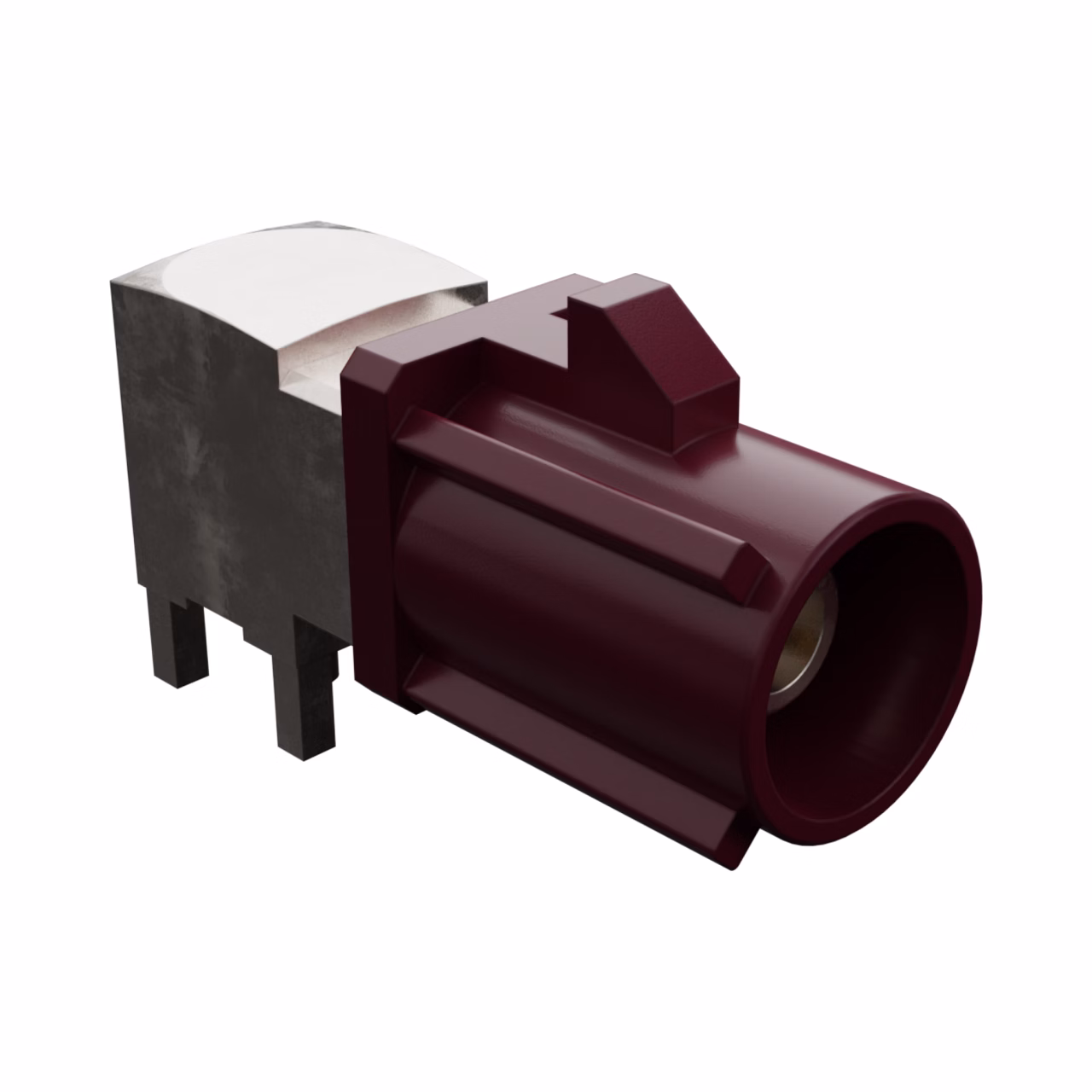 FAKRA Jack, Right-Angle, PCB Receptacle, Through Hole, Brass Body, Tin (Sn) Plated, Keying Code D, Bordeaux Violet, Tape and Reel, 50 Ohms for sale