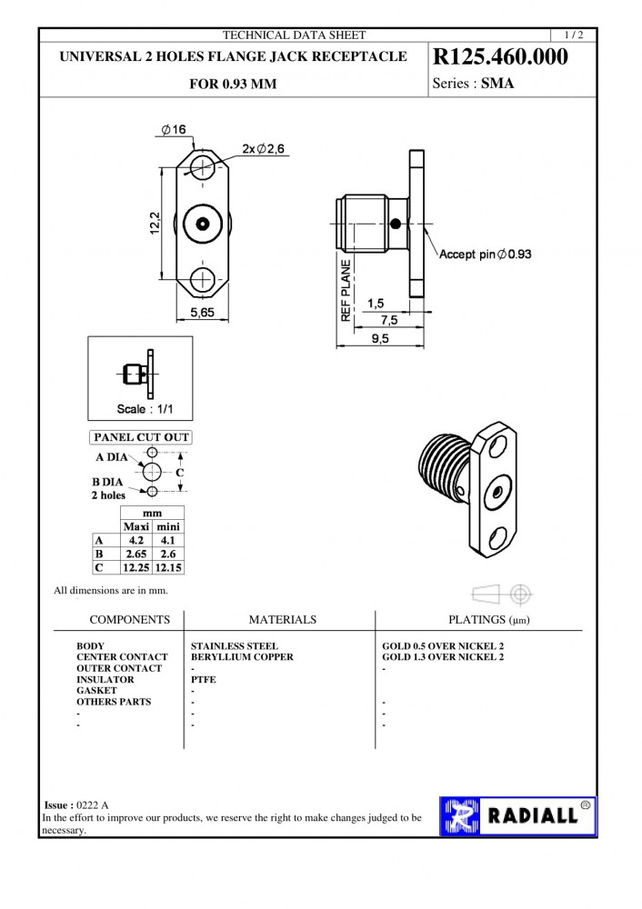 Radiall R125.460.000 technical datasheet page 1