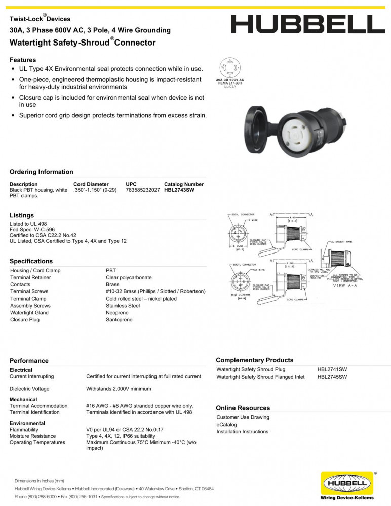 HBL2743SW technical document preview