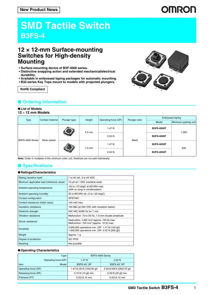 OMRON B3FS-4055P datasheet page 1