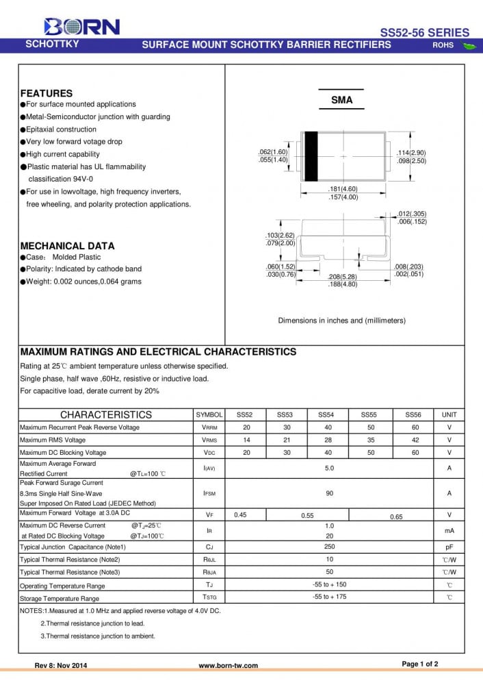 SS54SMA datasheet page 1