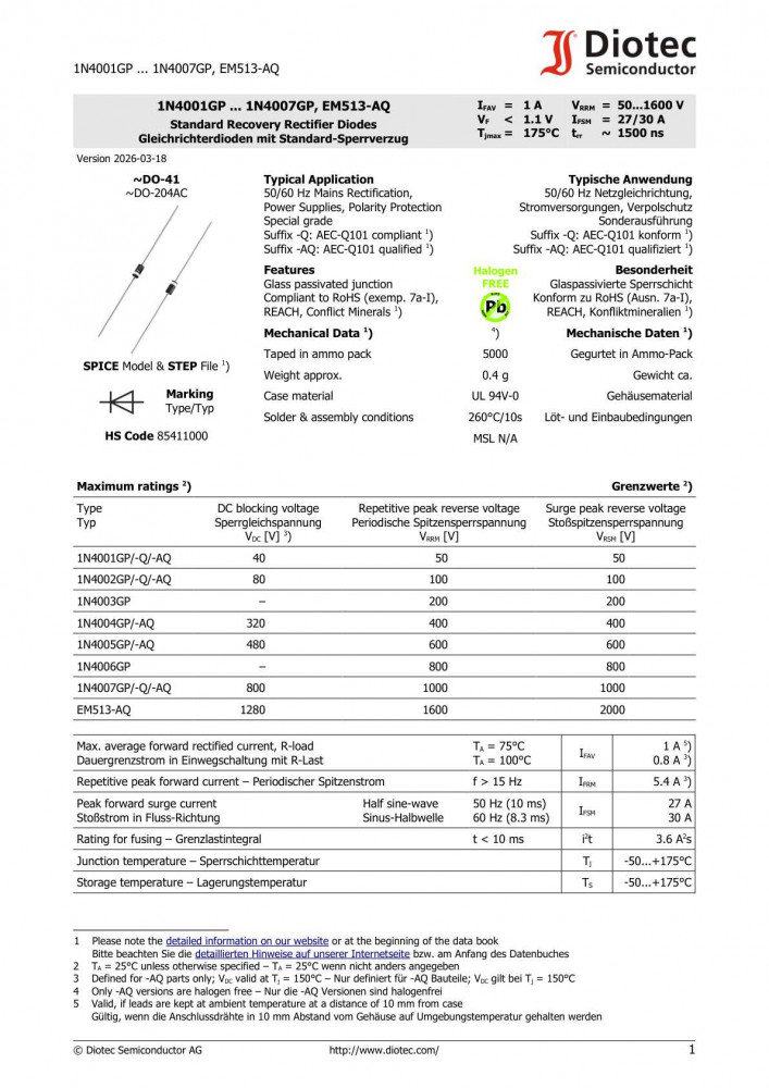 DIOTEC 1N4004GP datasheet page 1