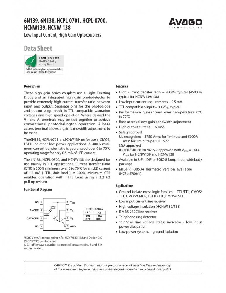 6N139 datasheet page 1
