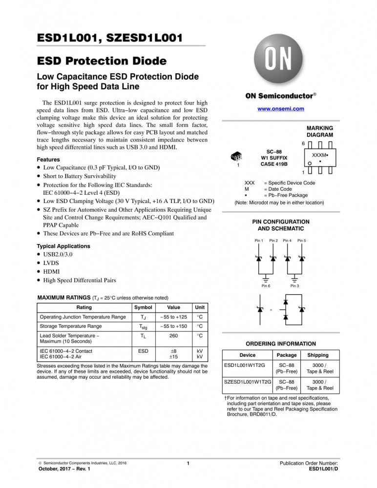 SZESD1L001W1T2G datasheet page 1