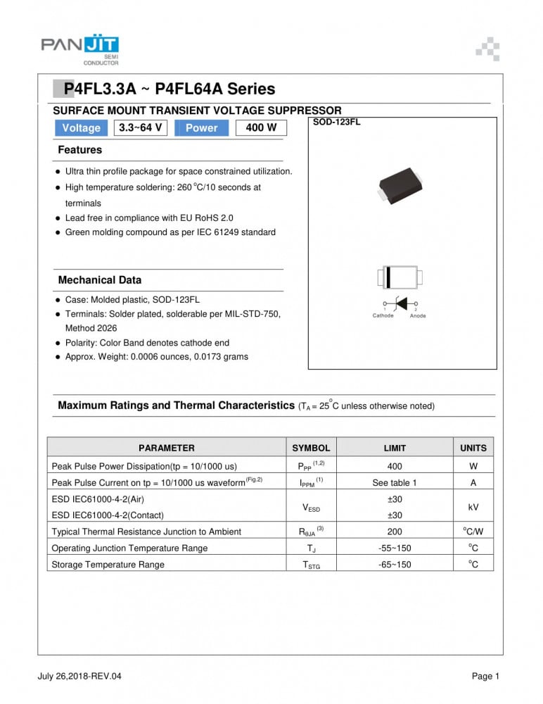 PANJIT P4FL series datasheet page 1