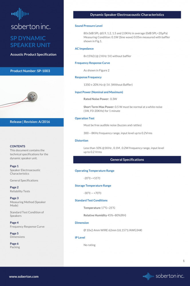 SP-1003 acoustic product specification, page 1