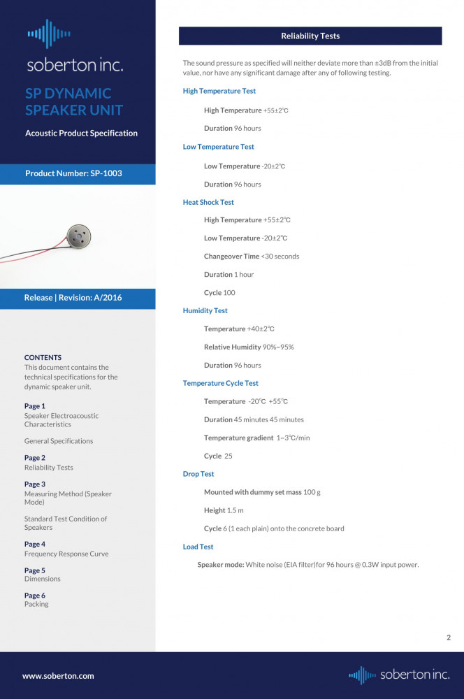 SP-1003 acoustic product specification, page 2