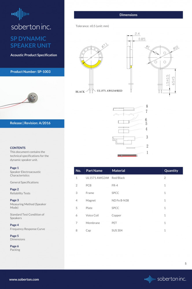 SP-1003 acoustic product specification, page 5