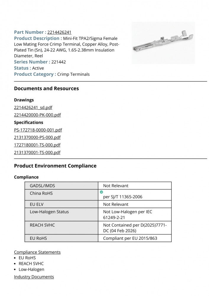 MOLEX 2214426241 technical document page 1