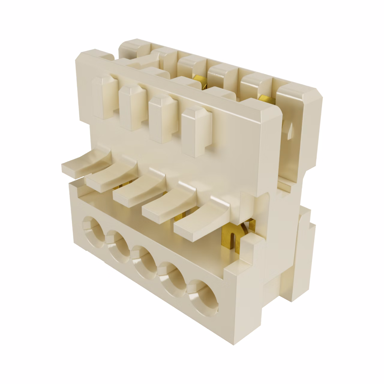Appli-Mate RAST 2.5 Connector, 2.50mm Pitch, Female, 5 Circuits, Positions A and F Removed, Polarizing Rib Between 1/2, Locking Pips, Open Endwalls, Circuit 2 and 4 Voided, Gold Plating for sale