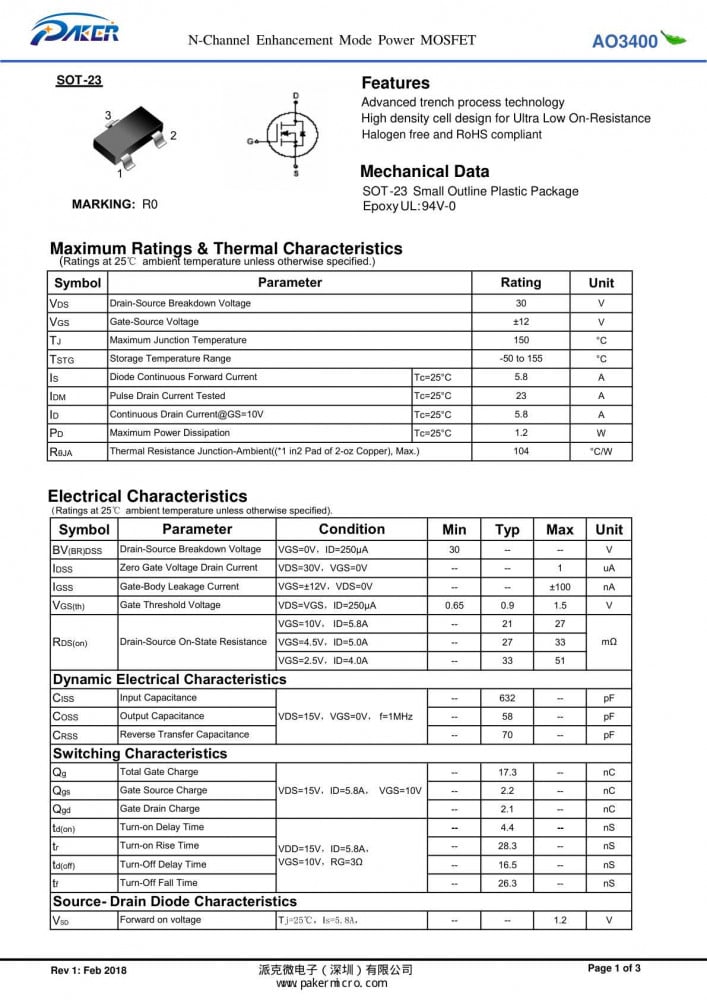 AO3400 technical document page 1