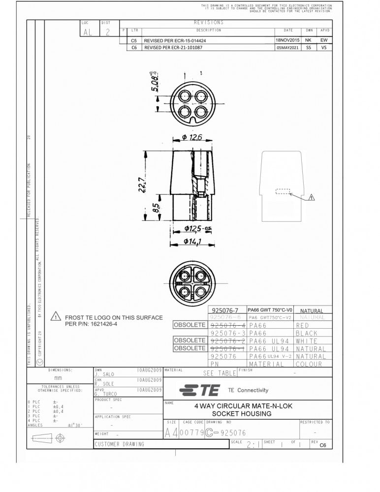 TE Connectivity 925076 controlled drawing preview