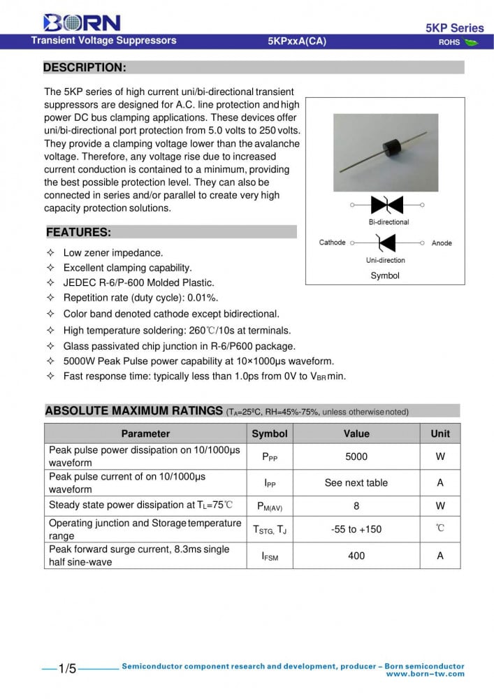 BORN 5KP36A datasheet page 1
