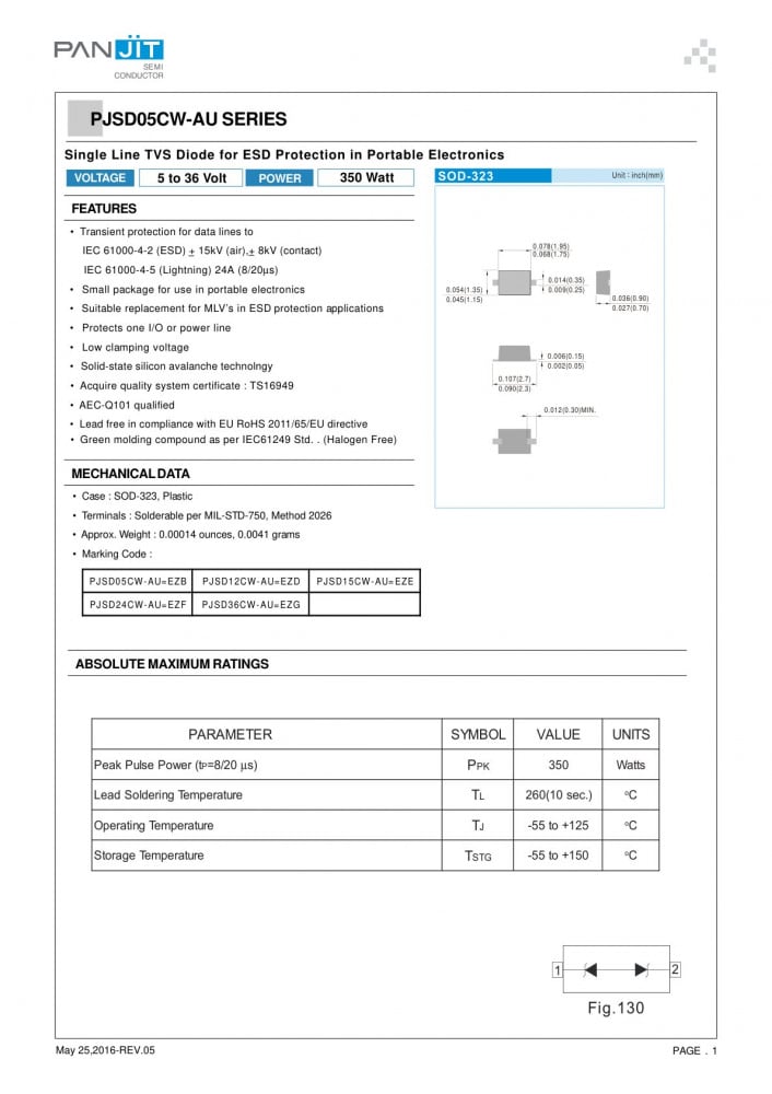 PJSD05CW-AU datasheet page 1