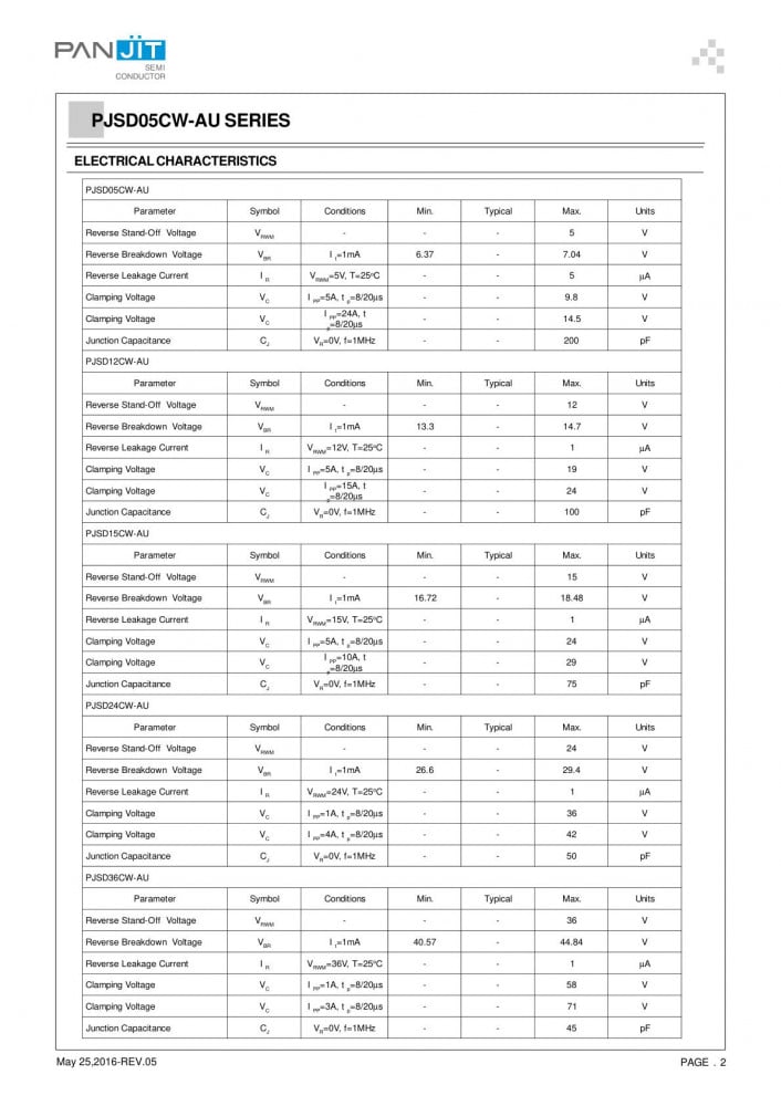 PJSD05CW-AU datasheet page 2