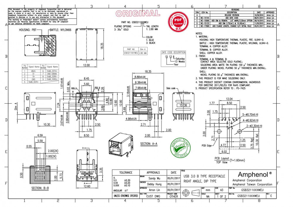 Amphenol GSB3211311WEU technical drawing page 1