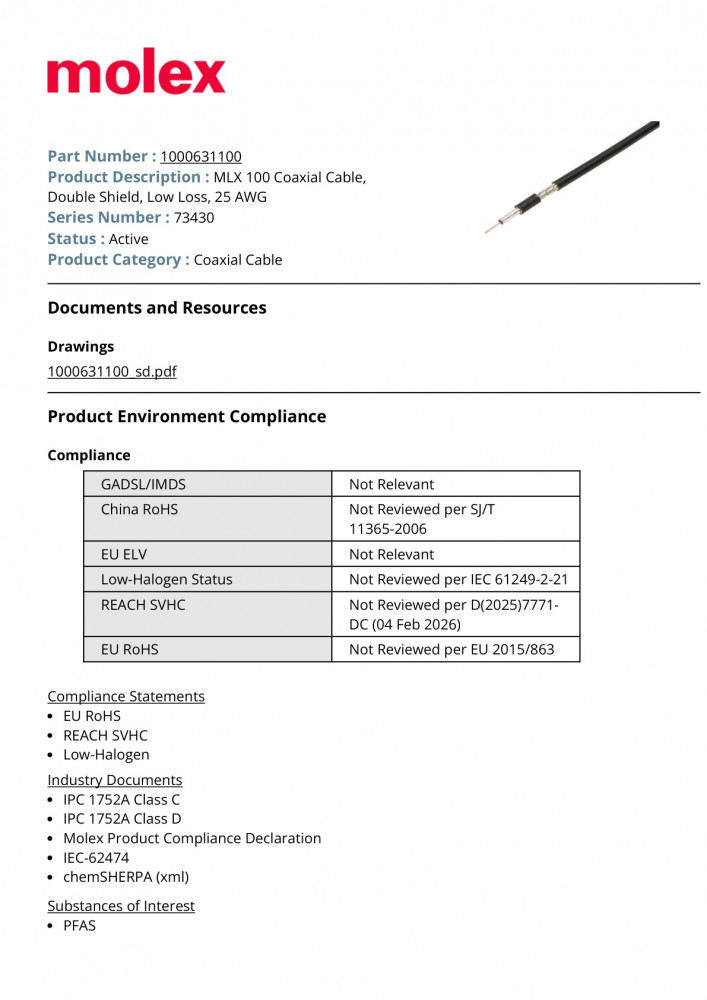 MOLEX 1000631100 technical document, page 1