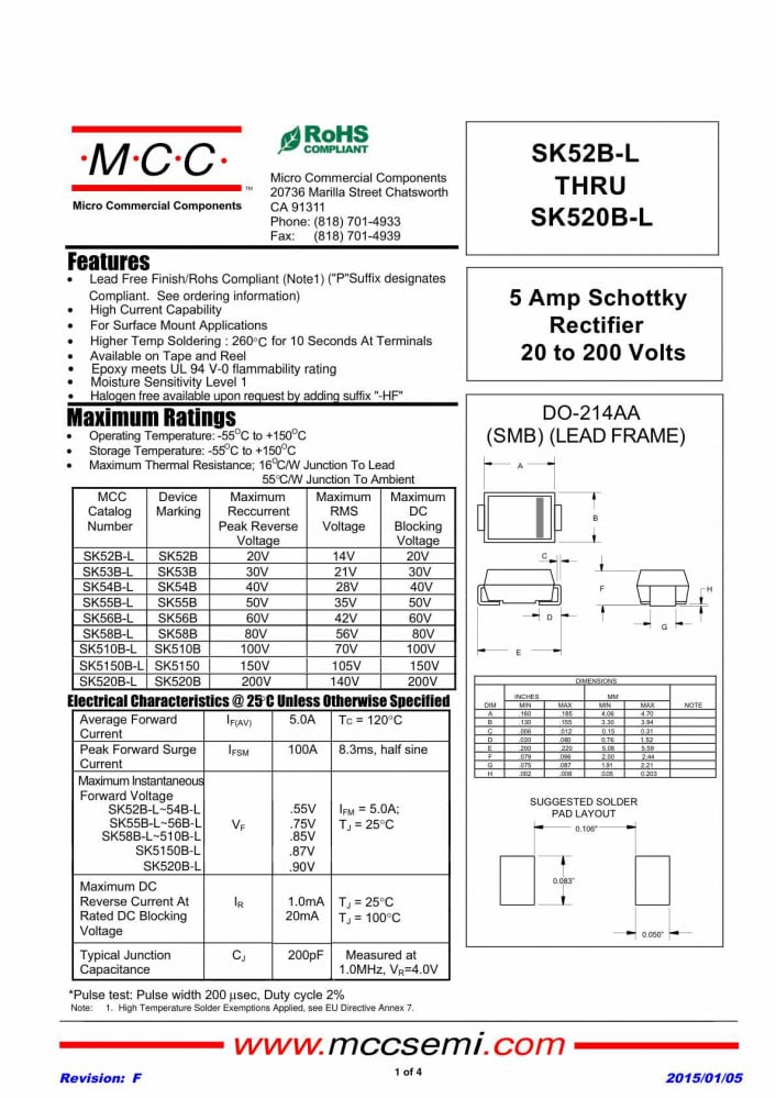MCC SK56B-LTP datasheet page 1