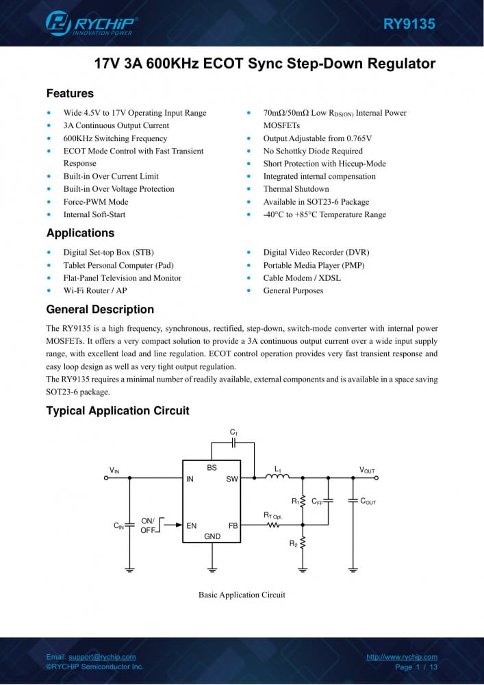RY9135 datasheet page 1