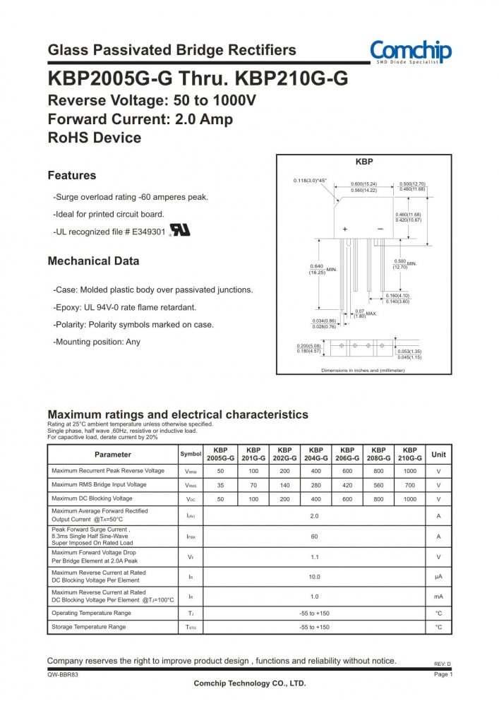 KBP206G-G datasheet page 1