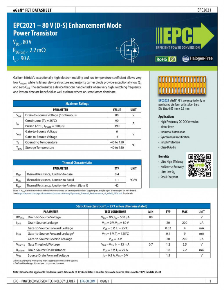 EPC2021 datasheet page 1