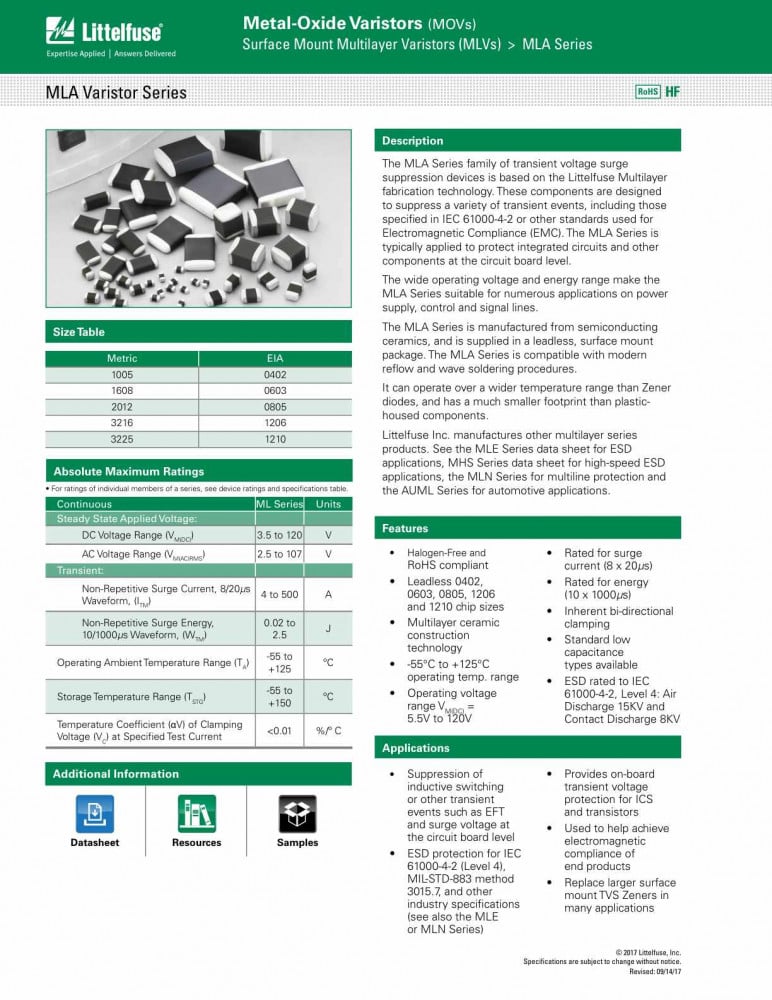 Littelfuse MLA series datasheet page 1