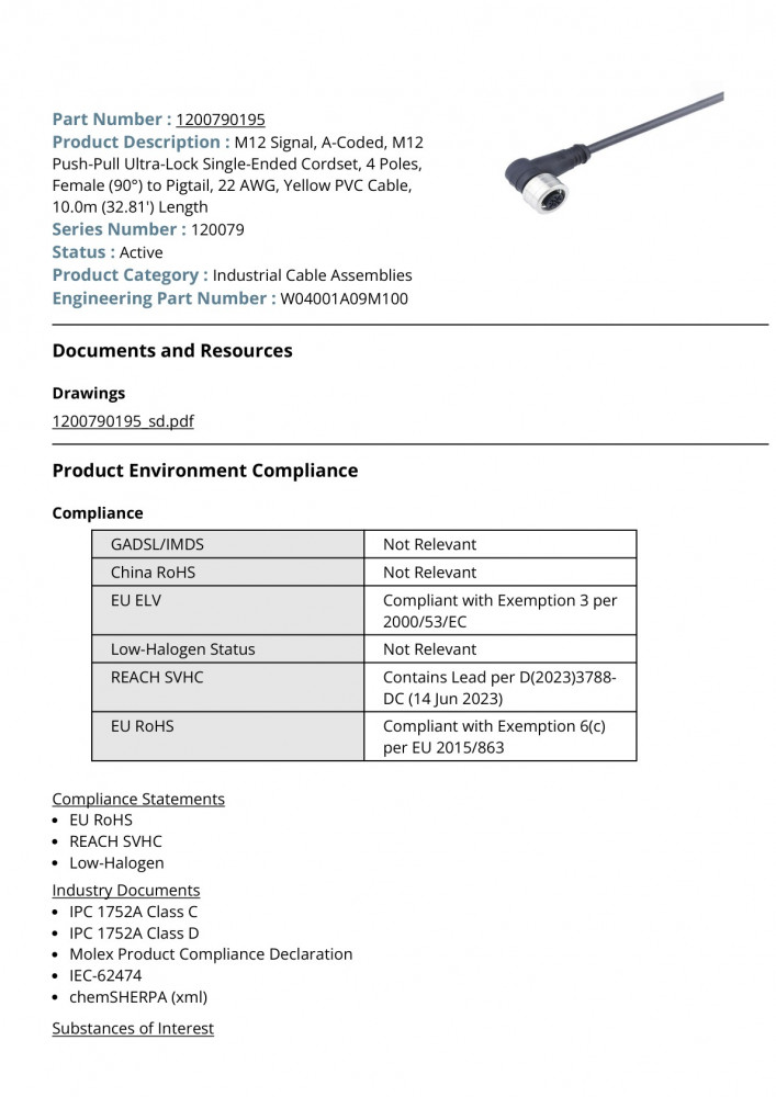 Molex product drawing page 1 for the 1200790195 cable assembly