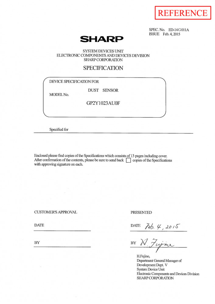 GP2Y1023AU0F specification page 1