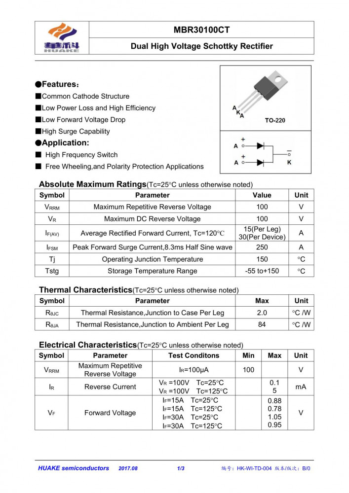 MBR30100CT datasheet page 1