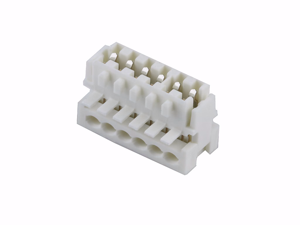 Appli-Mate RAST 2.5 IDT Housing, 2.50mm Pitch, with Side Latches, Female, 6 Circuits, Position Keys A & G Removed, Polarizing Rib Between 2/3, Black Color Stripe