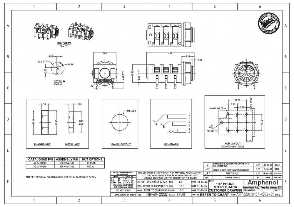 ACJS-MHDR 1/4-inch stereo phone jack customer drawing