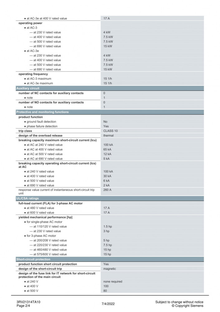 3RV21314TA10 datasheet page 2