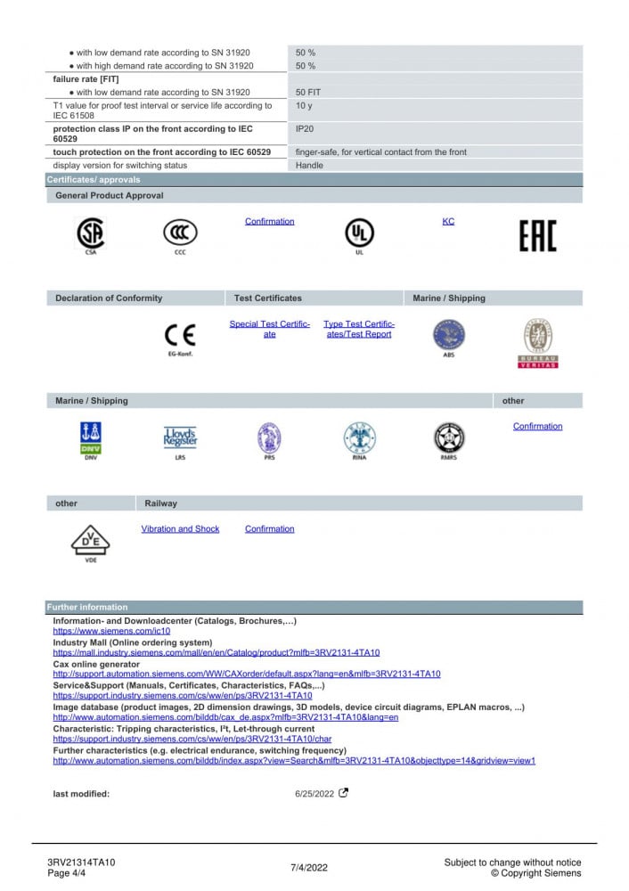 3RV21314TA10 datasheet page 4