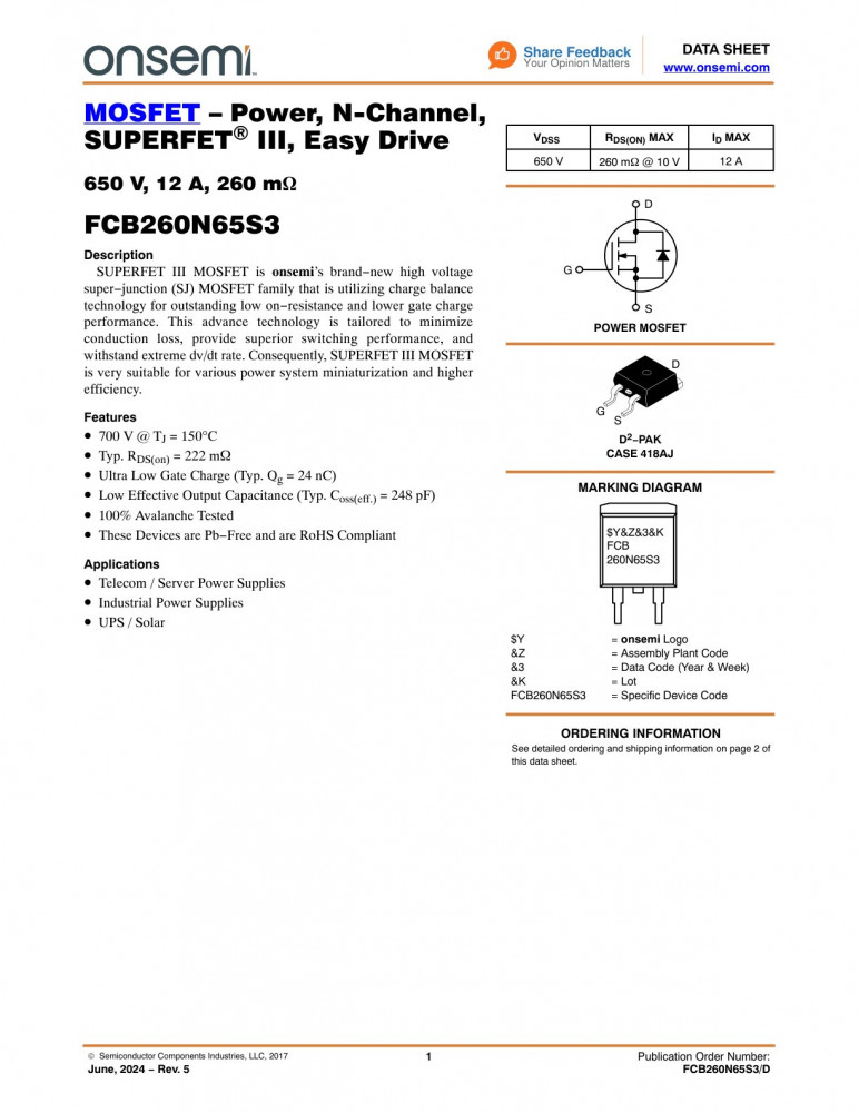 FCB260N65S3 datasheet page 1