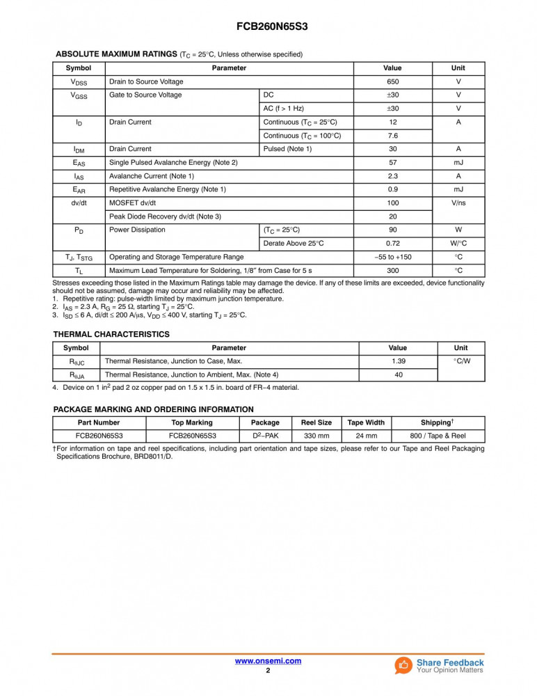 FCB260N65S3 datasheet page 2