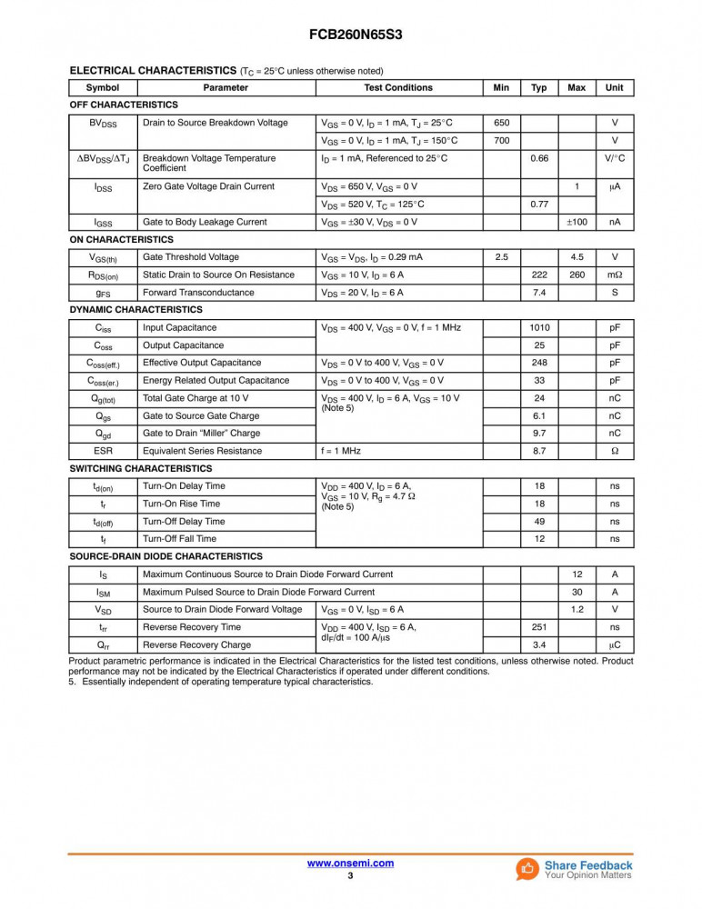 FCB260N65S3 datasheet page 3