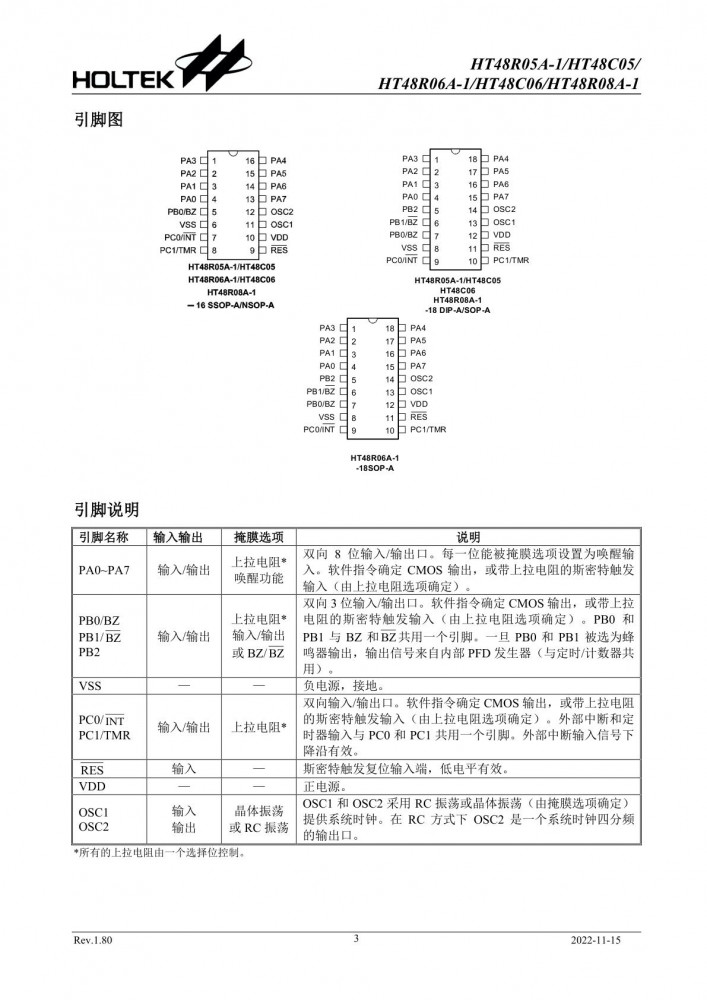 HT48R06A-1 datasheet page 3