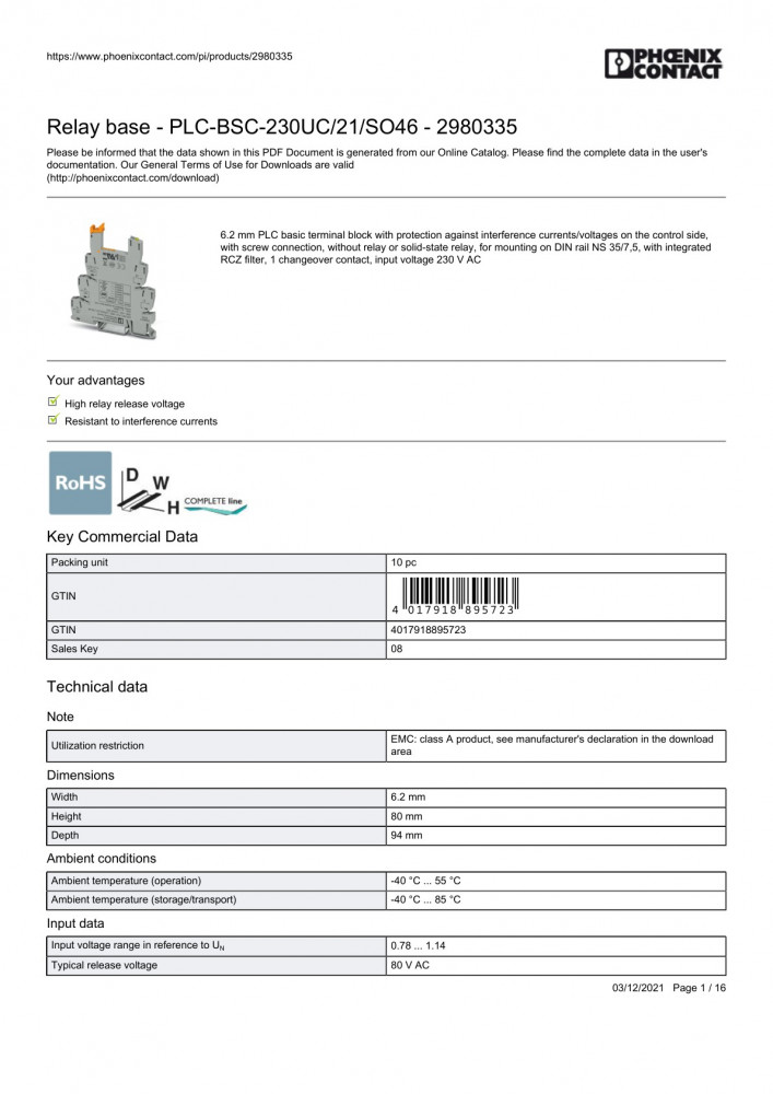 Phoenix Contact 2980335 technical document page 1