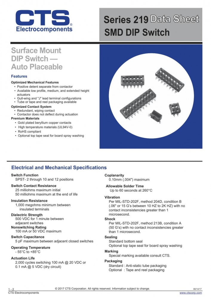 CTS 219 series surface-mount DIP switch documentation page 1